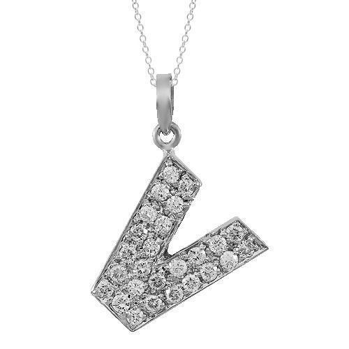 14K Solid White Gold Diamond Letter Initial V Pendant 0.75 Ctw ...
