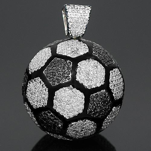 14K White Solid Gold Mens Custom Diamond Soccer Ball Pendant with Blac ...