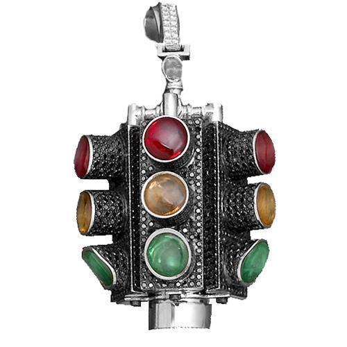 14K White Solid Gold Mens Custom Diamond Street Light Pendant with Bla ...