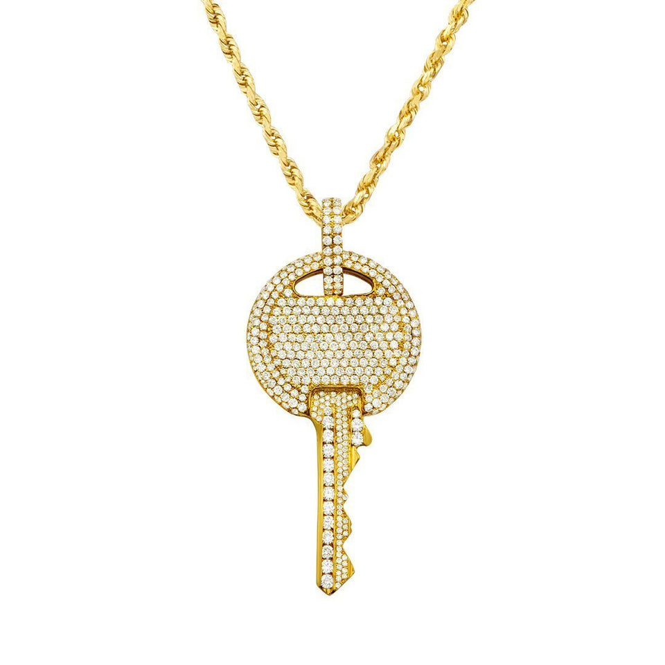 14K Yellow Solid Gold Unisex Diamond Pave Set Custom Made Key Pendant ...
